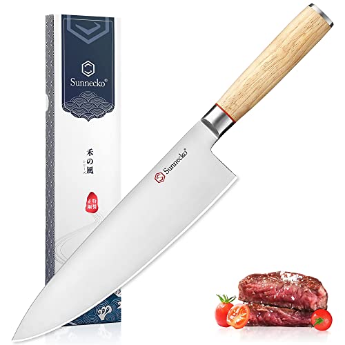 Sunnecko Japanese Chef Knife 8 inch, Sharp Kitchen Knife with 440C High Carbon Stainless Steel Blade Professional Cooking Knife, Gyuto Knife with Natural White Oak Wooden Handle Chopping Knife