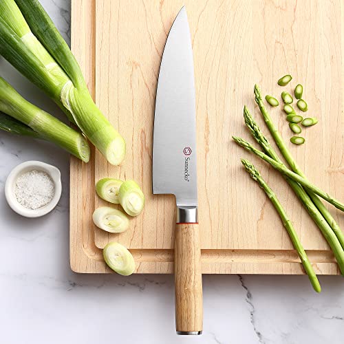 Sunnecko Japanese Chef Knife 8 inch, Sharp Kitchen Knife with 440C High Carbon Stainless Steel Blade Professional Cooking Knife, Gyuto Knife with Natural White Oak Wooden Handle Chopping Knife