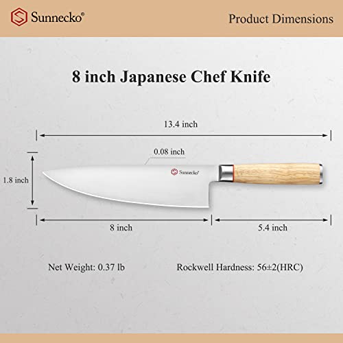 Sunnecko Japanese Chef Knife 8 inch, Sharp Kitchen Knife with 440C High Carbon Stainless Steel Blade Professional Cooking Knife, Gyuto Knife with Natural White Oak Wooden Handle Chopping Knife