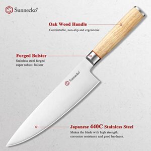 Sunnecko Japanese Chef Knife 8 inch, Sharp Kitchen Knife with 440C High Carbon Stainless Steel Blade Professional Cooking Knife, Gyuto Knife with Natural White Oak Wooden Handle Chopping Knife