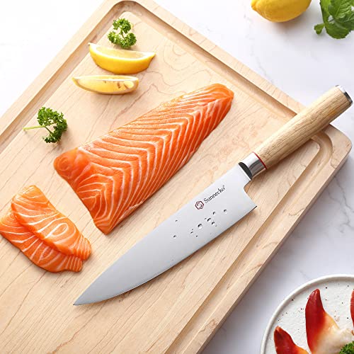 Sunnecko Japanese Chef Knife 8 inch, Sharp Kitchen Knife with 440C High Carbon Stainless Steel Blade Professional Cooking Knife, Gyuto Knife with Natural White Oak Wooden Handle Chopping Knife