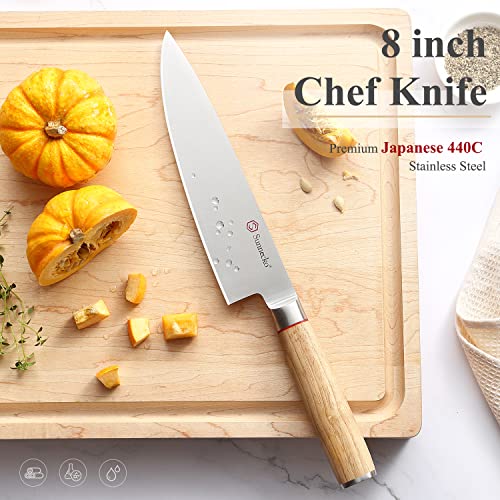 Sunnecko Japanese Chef Knife 8 inch, Sharp Kitchen Knife with 440C High Carbon Stainless Steel Blade Professional Cooking Knife, Gyuto Knife with Natural White Oak Wooden Handle Chopping Knife