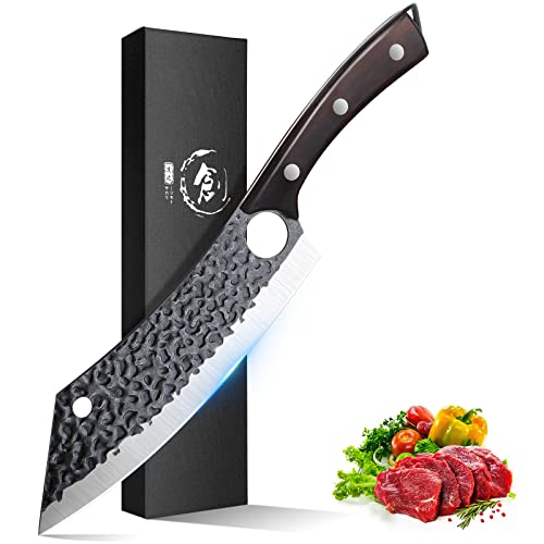 Purple Dragon Japanese Butcher Knife 8 Inch Ultra Sharp Carving Knife for Meat Vegetable Cutting with Finger Hole Hand Forged Slicing Knife Cooking High Carbon Steel Knife Cleaver