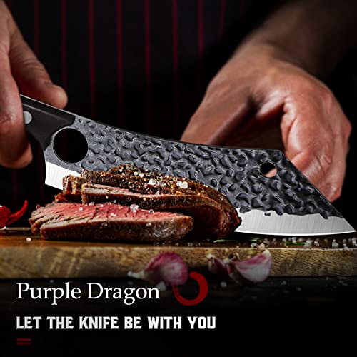 Purple Dragon Japanese Butcher Knife 8 Inch Ultra Sharp Carving Knife for Meat Vegetable Cutting with Finger Hole Hand Forged Slicing Knife Cooking High Carbon Steel Knife Cleaver