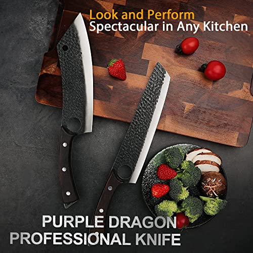 Purple Dragon Japanese Butcher Knife 8 Inch Ultra Sharp Carving Knife for Meat Vegetable Cutting with Finger Hole Hand Forged Slicing Knife Cooking High Carbon Steel Knife Cleaver