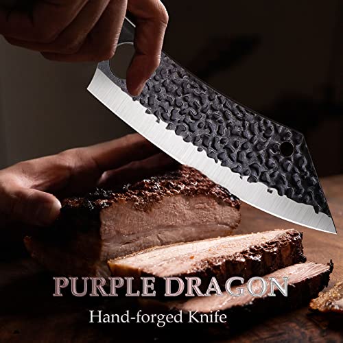 Purple Dragon Japanese Butcher Knife 8 Inch Ultra Sharp Carving Knife for Meat Vegetable Cutting with Finger Hole Hand Forged Slicing Knife Cooking High Carbon Steel Knife Cleaver