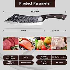 Purple Dragon Japanese Butcher Knife 8 Inch Ultra Sharp Carving Knife for Meat Vegetable Cutting with Finger Hole Hand Forged Slicing Knife Cooking High Carbon Steel Knife Cleaver