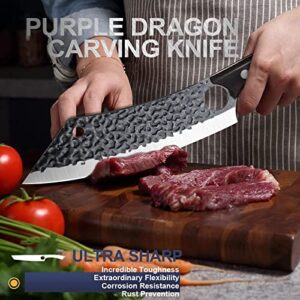 Purple Dragon Japanese Butcher Knife 8 Inch Ultra Sharp Carving Knife for Meat Vegetable Cutting with Finger Hole Hand Forged Slicing Knife Cooking High Carbon Steel Knife Cleaver