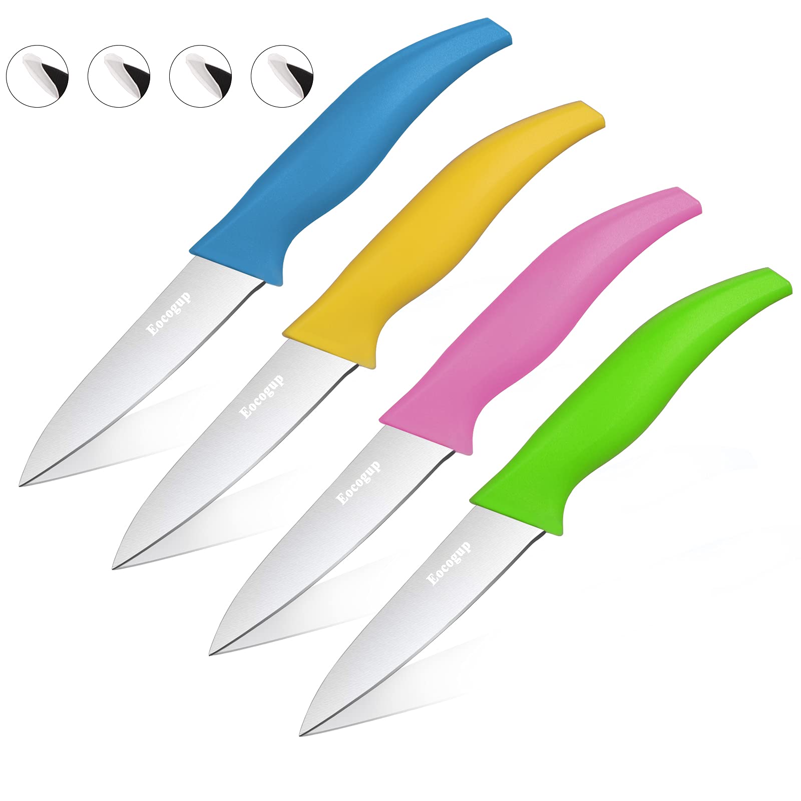 Eocogup Paring Knife,3.7 inch Fruit and Vegetable Paring Knives,Stainless Steel Super Sharp Small Kitchen Knives Sets,Assorted Colors Handle(Set of 4)