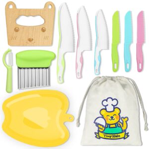 tinyhalo 11 pcs wooden kids kitchen knife, kids knife set with cutting board fruit vegetable crinkle cutters serrated edges plastic toddler knifes for real cooking kid safe knives…