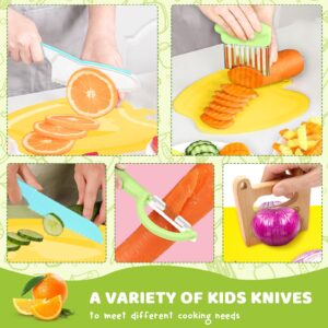 TinyHalo 11 Pcs Wooden Kids Kitchen Knife, Kids Knife Set with Cutting Board Fruit Vegetable Crinkle Cutters Serrated Edges Plastic Toddler Knifes for Real Cooking Kid Safe Knives…