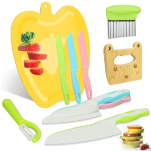 TinyHalo 11 Pcs Wooden Kids Kitchen Knife, Kids Knife Set with Cutting Board Fruit Vegetable Crinkle Cutters Serrated Edges Plastic Toddler Knifes for Real Cooking Kid Safe Knives…