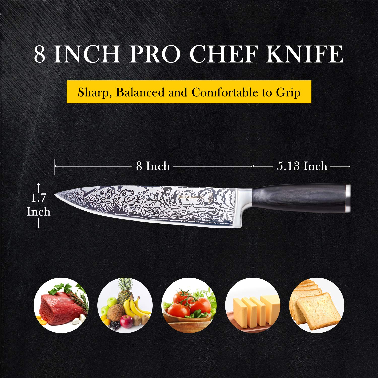 MICHELANGELO Super Sharp Professional Chef's Knife with Etched Pattern, High Carbon Stainless Steel Japanese Knife, Chef Knife for Kitchen