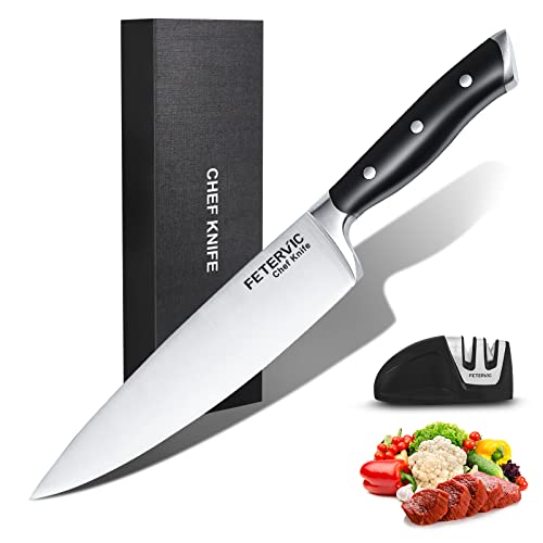 FETERVIC Chef Knife, 8-Inch Super Sharp Professional kitchen knife with Knife Sharpener, German High Carbon Stainless Steel Chef's Knife with Gift Box - Cooking Gift