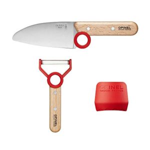 Opinel Le Petit Chef Complete 3 Piece Kitchen Set, Chef Knife with Rounded Tip, Fingers Guard, Peeler, For Children and Teaching Food Prep and Kitchen Safety, Made in France