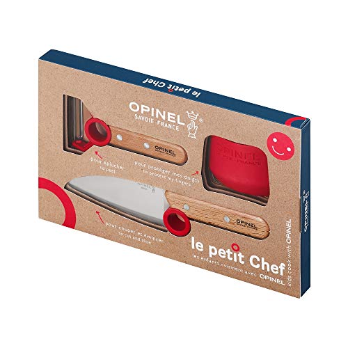 Opinel Le Petit Chef Complete 3 Piece Kitchen Set, Chef Knife with Rounded Tip, Fingers Guard, Peeler, For Children and Teaching Food Prep and Kitchen Safety, Made in France