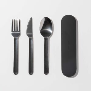 W&P Porter Stainless Steel Utensils with Silicone Carrying Case | Charcoal | Spoon, Fork & Knife for Meals on the Go | Portable and Compact Set