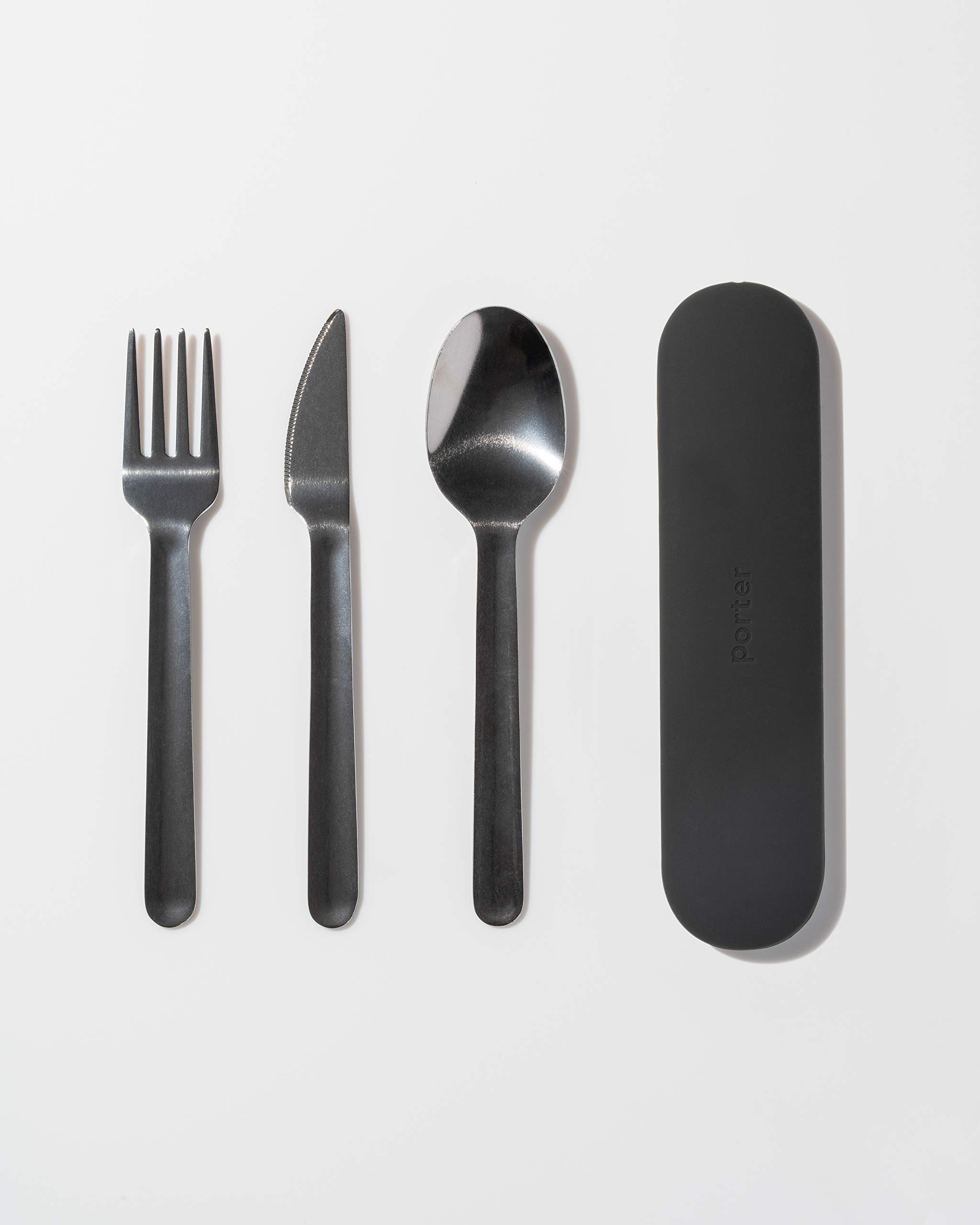 W&P Porter Stainless Steel Utensils with Silicone Carrying Case | Charcoal | Spoon, Fork & Knife for Meals on the Go | Portable and Compact Set