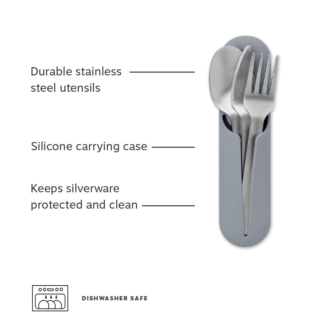 W&P Porter Stainless Steel Utensils with Silicone Carrying Case | Charcoal | Spoon, Fork & Knife for Meals on the Go | Portable and Compact Set