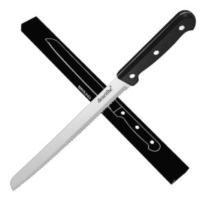 dearithe serrated-bread knife 10 inch, black full-tang and triple rivet stainless sharp wavy edge wide bread cutter, professional for slicing homemade bread, bagels, cake, dishwasher safe