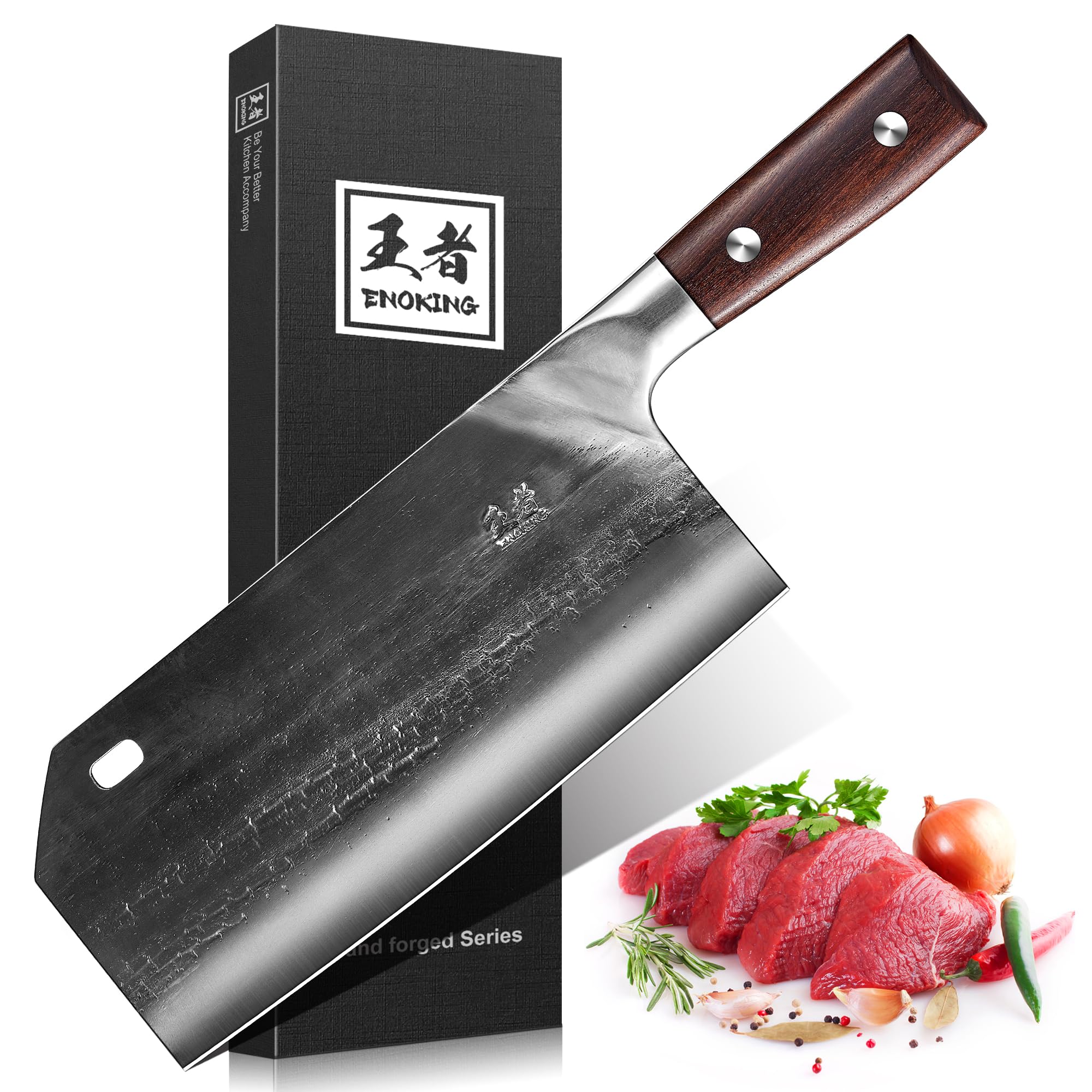 ENOKING Cleaver Knife Serbian Chef Knife Hand Forged Meat Cleaver German High Carbon Stainless Steel Chopping Butcher Knife Kitchen Knives with Full Tang Handle for Home and Restaurant, Ultra Sharp