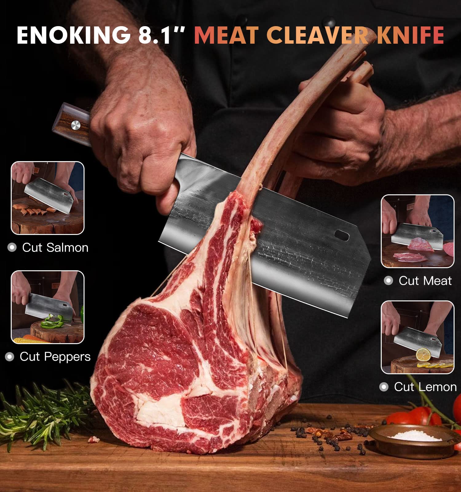 ENOKING Cleaver Knife Serbian Chef Knife Hand Forged Meat Cleaver German High Carbon Stainless Steel Chopping Butcher Knife Kitchen Knives with Full Tang Handle for Home and Restaurant, Ultra Sharp