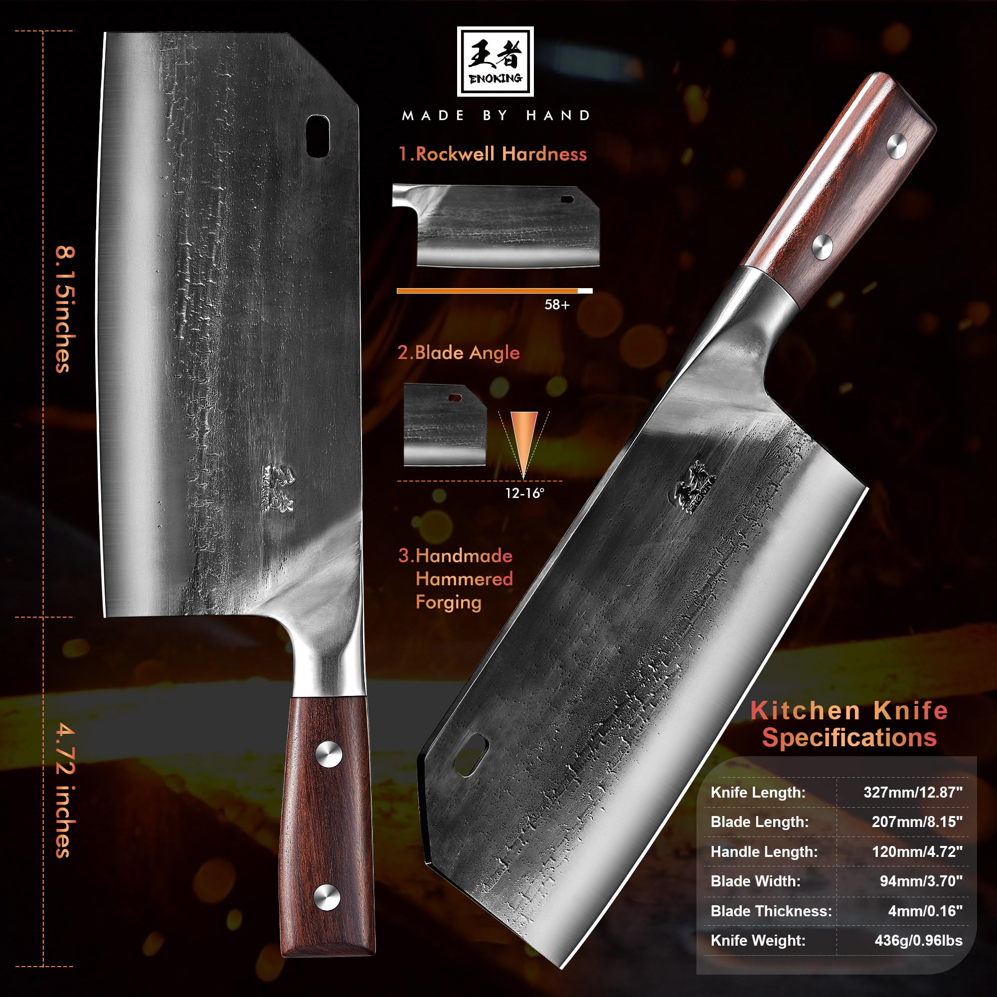 ENOKING Cleaver Knife Serbian Chef Knife Hand Forged Meat Cleaver German High Carbon Stainless Steel Chopping Butcher Knife Kitchen Knives with Full Tang Handle for Home and Restaurant, Ultra Sharp