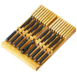 spaceaid bamboo knife drawer organizer insert, kitchen steak knives holder organizers block for drawer storage organization (16 knife slots and 1 sharpener slot)