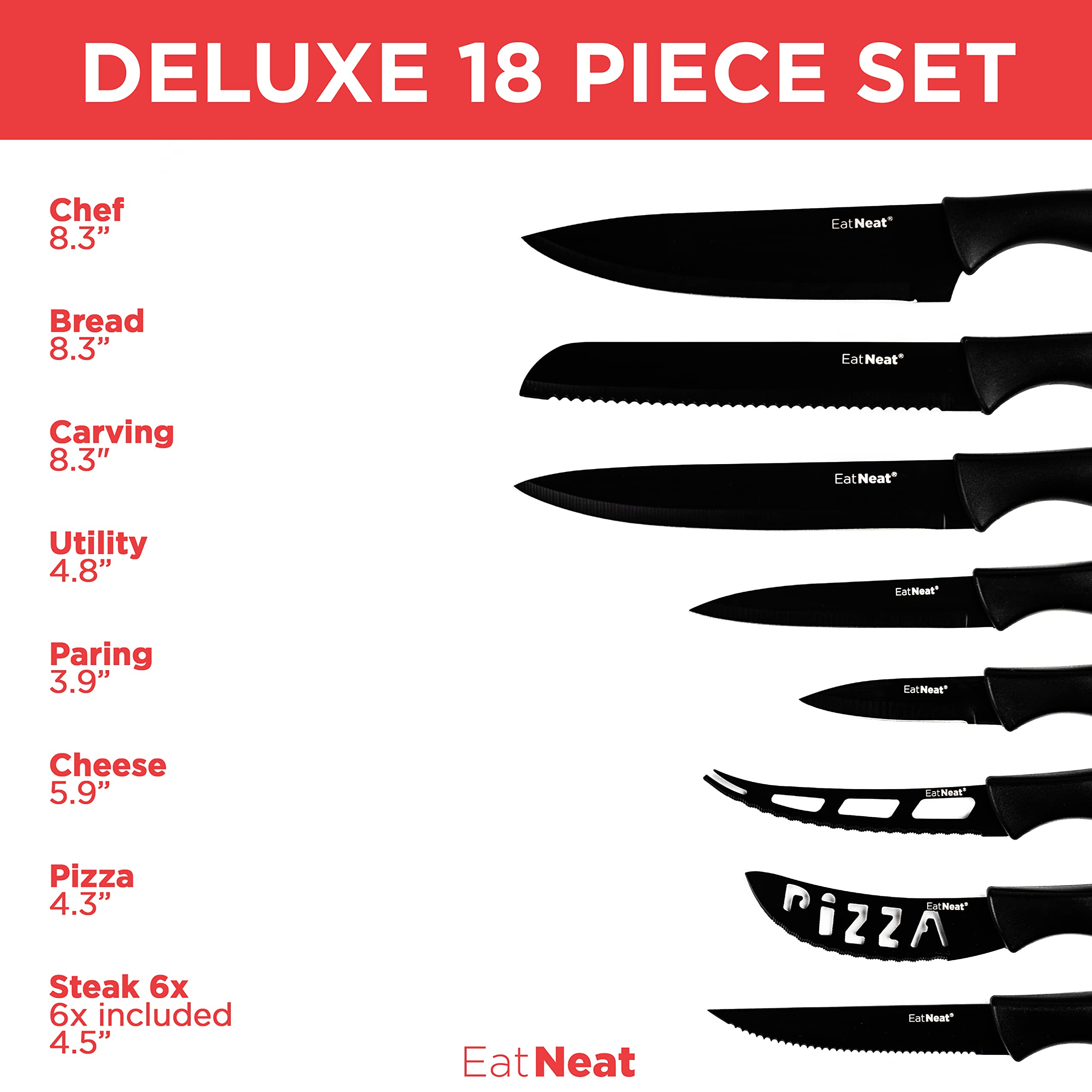 EatNeat 18 Piece Chef's Knife Set: Stainless Steel Kitchen Knives, Cutting Board, Sharpener, Scissors, Peeler, & Holder - Essential Cooking Utensils for Home & Apartment