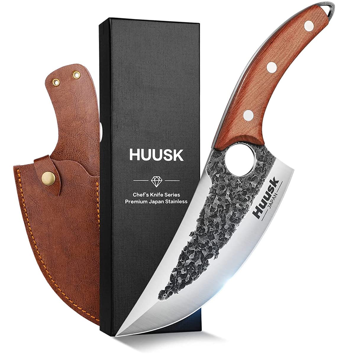 Huusk Chef Knife, Upgraded Viking Knives with Sheath Hand Forged Meat Cleaver Knife Japanese Butcher Knife Curved Boning Knife for Meat Cutting Cooking Knife for Kitchen and Outdoor Camping, BBQ