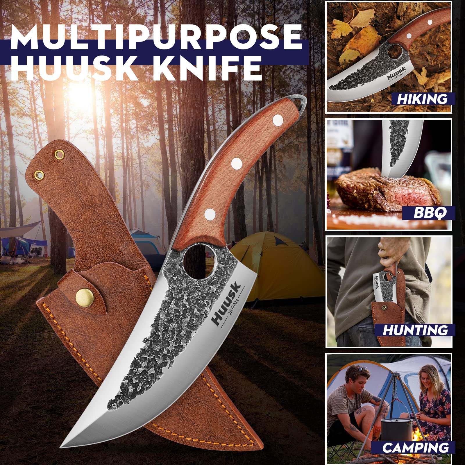 Huusk Chef Knife, Upgraded Viking Knives with Sheath Hand Forged Meat Cleaver Knife Japanese Butcher Knife Curved Boning Knife for Meat Cutting Cooking Knife for Kitchen and Outdoor Camping, BBQ