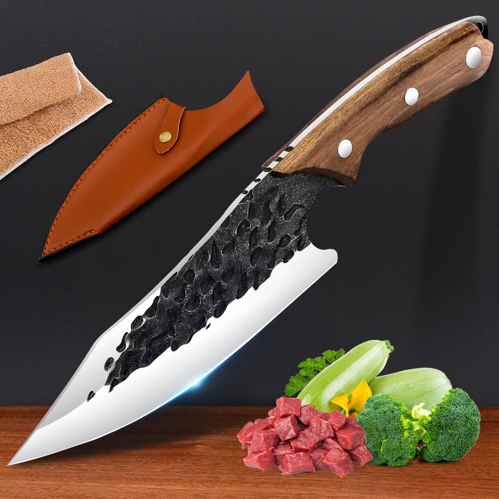 Upgraded Chef Knife High Carbon Stainless Steel Professional Kitchen Cooking Knife with Sheath and Ergonomic Handle - Ultra Sharp Meat Cleaver Chopping Knife for Home Outdoor or Camping (Black-002)