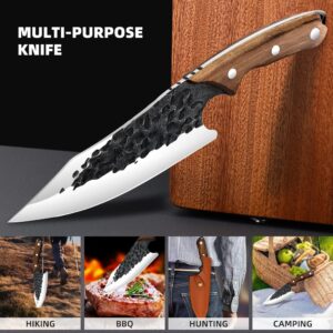 Upgraded Chef Knife High Carbon Stainless Steel Professional Kitchen Cooking Knife with Sheath and Ergonomic Handle - Ultra Sharp Meat Cleaver Chopping Knife for Home Outdoor or Camping (Black-002)