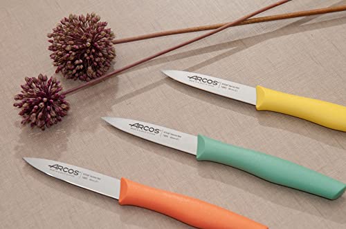 Arcos Paring Knife Set of 3 Pieces 4 Inch Stainless Steel. Colorful Kitchen Knives for Peeling Fruits and Vegetables. Ergonomic Polypropylene Handle. Series Nova. Color Orange, Yellow and Blue.