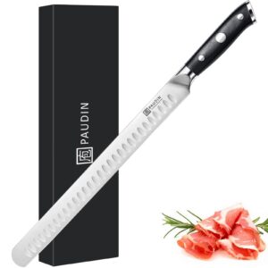 paudin 12 inch carving knife, premium slicing knife with granton blade for cutting smoked brisket, bbq meat, turkey - ergonomic g10 handle