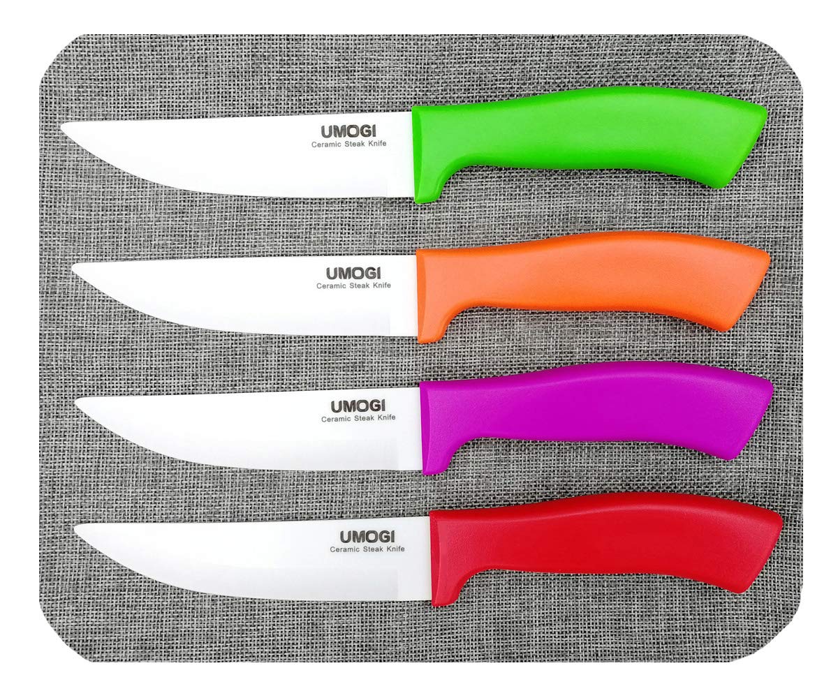 UMOGI Ceramic Steak Knives Set of 4 with Covers in Gift Box - Utility Knife Large Size - Healthy Stain Resistant & Rust Proof - Dishwasher Safe - Best for Meat Tomatoes Vegetables Fruits BBQ