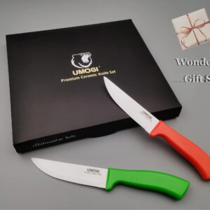 UMOGI Ceramic Steak Knives Set of 4 with Covers in Gift Box - Utility Knife Large Size - Healthy Stain Resistant & Rust Proof - Dishwasher Safe - Best for Meat Tomatoes Vegetables Fruits BBQ