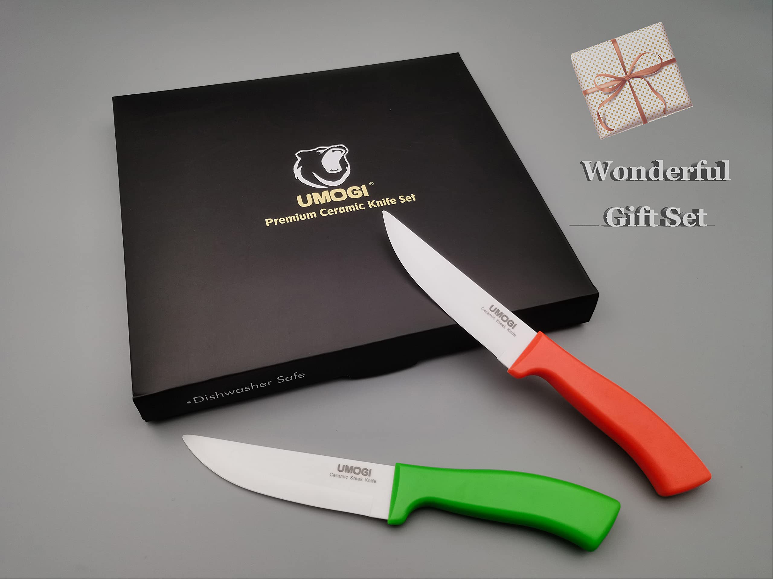 UMOGI Ceramic Steak Knives Set of 4 with Covers in Gift Box - Utility Knife Large Size - Healthy Stain Resistant & Rust Proof - Dishwasher Safe - Best for Meat Tomatoes Vegetables Fruits BBQ