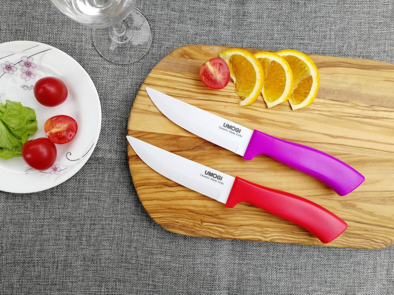 UMOGI Ceramic Steak Knives Set of 4 with Covers in Gift Box - Utility Knife Large Size - Healthy Stain Resistant & Rust Proof - Dishwasher Safe - Best for Meat Tomatoes Vegetables Fruits BBQ