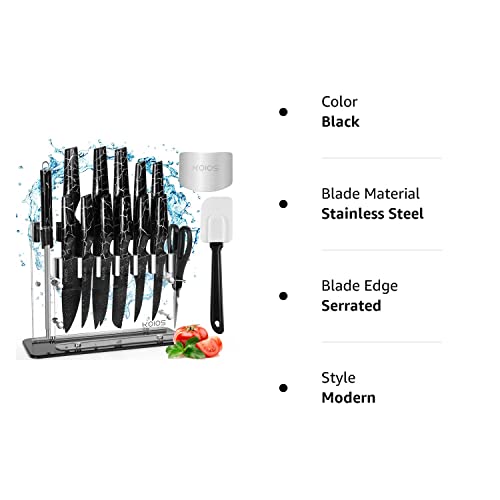 Knife Set, 16 Pcs Kitchen Knife Set, Sharp Stainless Steel Chef Knife Set with Acrylic Stand, Nonstick Knife Sets for Kitchen with Block - 6 Serrated Steak Knives, Scissors, Sharpening Steel, Black