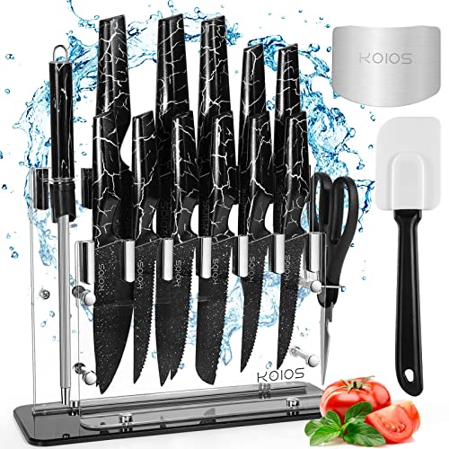 Knife Set, 16 Pcs Kitchen Knife Set, Sharp Stainless Steel Chef Knife Set with Acrylic Stand, Nonstick Knife Sets for Kitchen with Block - 6 Serrated Steak Knives, Scissors, Sharpening Steel, Black