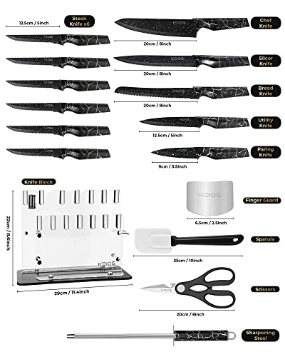 Knife Set, 16 Pcs Kitchen Knife Set, Sharp Stainless Steel Chef Knife Set with Acrylic Stand, Nonstick Knife Sets for Kitchen with Block - 6 Serrated Steak Knives, Scissors, Sharpening Steel, Black