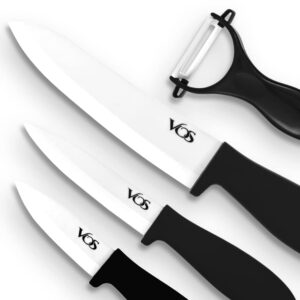 vos ceramic knife set, ceramic knives set for kitchen, ceramic kitchen knives with peeler, ceramic paring knife 3", 4", 6", inch black