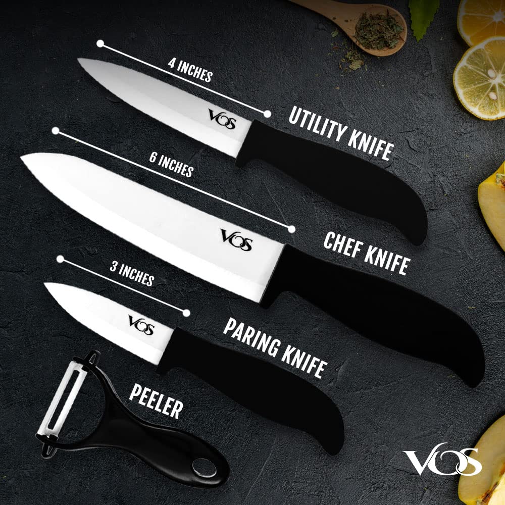 Vos Ceramic Knife Set, Ceramic Knives Set For Kitchen, Ceramic Kitchen Knives With Peeler, Ceramic Paring Knife 3", 4", 6", Inch Black