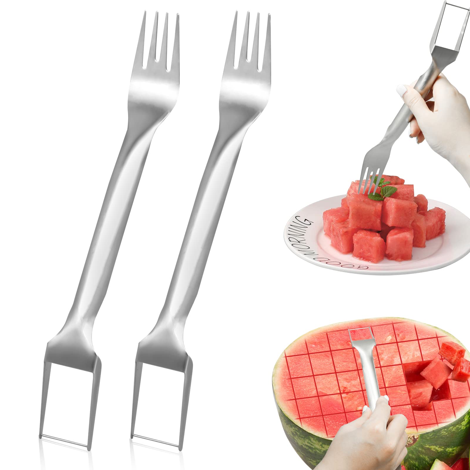 2Pcs Watermelon Fork Slicer Cutter, Stainless Steel 2-in-1 Watermelon Fork Slicer, Portable Watermelon Fork Watermelon Cutter Slicer Tool Fruit Forks Slicer for Home Party Camping Kitchen Gadget