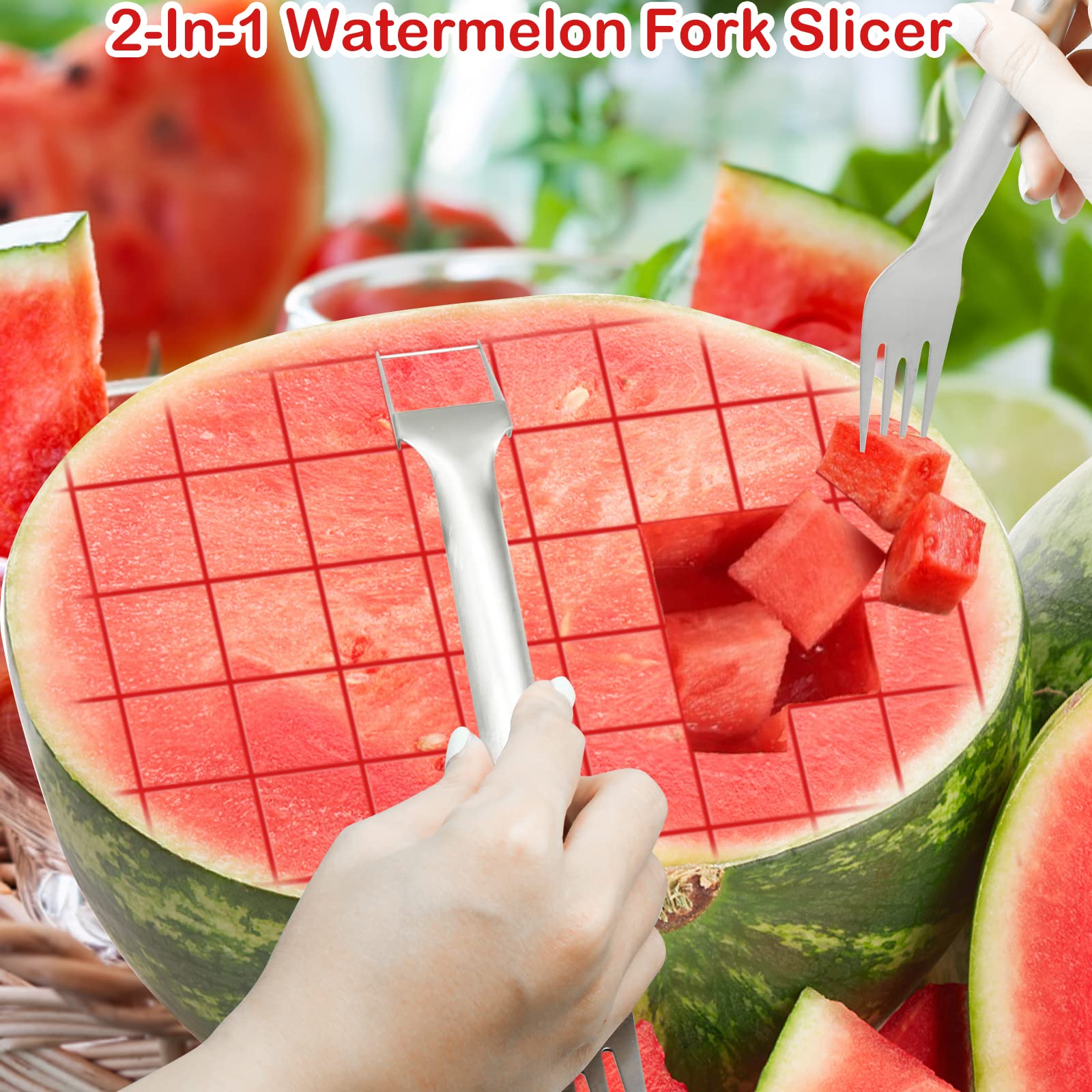 2Pcs Watermelon Fork Slicer Cutter, Stainless Steel 2-in-1 Watermelon Fork Slicer, Portable Watermelon Fork Watermelon Cutter Slicer Tool Fruit Forks Slicer for Home Party Camping Kitchen Gadget