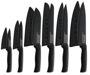 branik 6pc black kitchen knife set with protective sheaths & giftbox, premium german steel with special non-stick coating making them dishwasher safe. sharp black knives set for kitchen knife set.