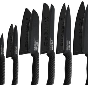 BRANIK 6Pc Black Kitchen Knife Set with Protective Sheaths & Giftbox, Premium German Steel with Special Non-Stick Coating making them Dishwasher Safe. Sharp black knives set for kitchen Knife set.