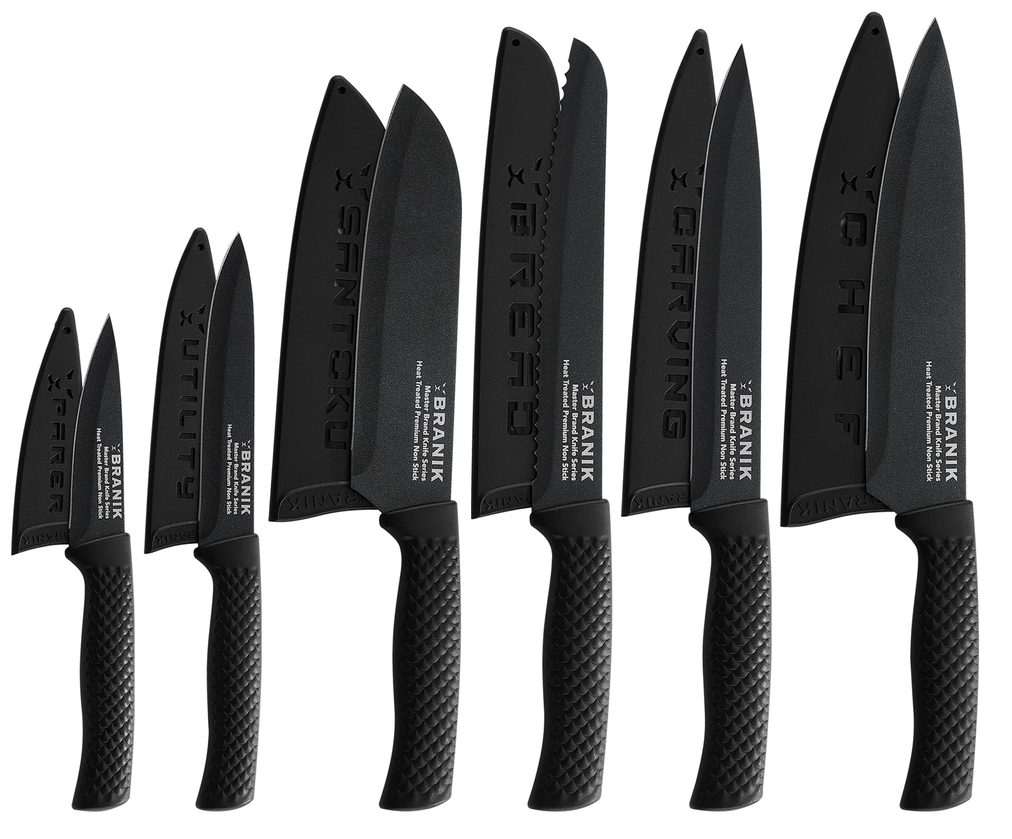 BRANIK 6Pc Black Kitchen Knife Set with Protective Sheaths & Giftbox, Premium German Steel with Special Non-Stick Coating making them Dishwasher Safe. Sharp black knives set for kitchen Knife set.