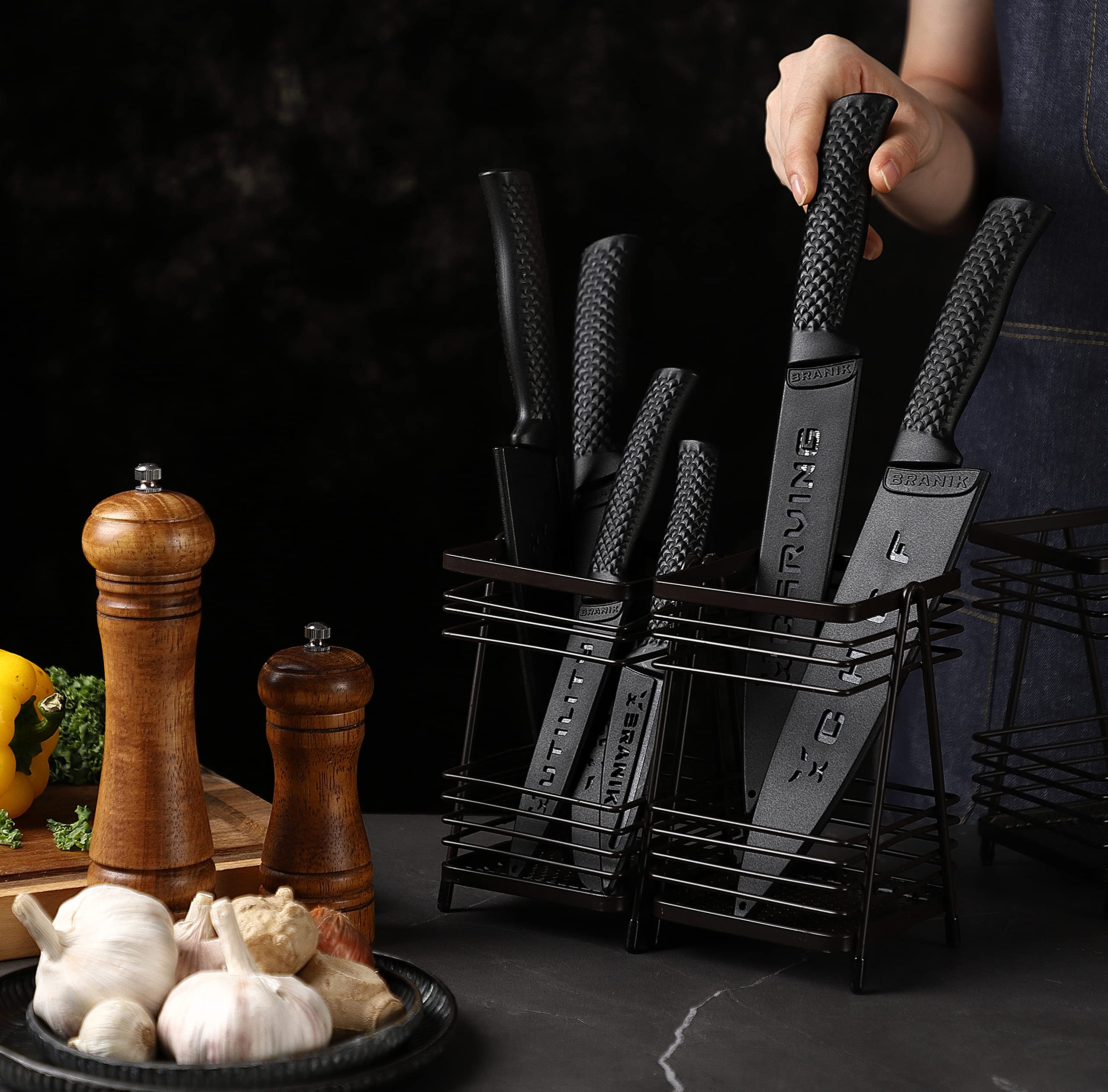 BRANIK 6Pc Black Kitchen Knife Set with Protective Sheaths & Giftbox, Premium German Steel with Special Non-Stick Coating making them Dishwasher Safe. Sharp black knives set for kitchen Knife set.